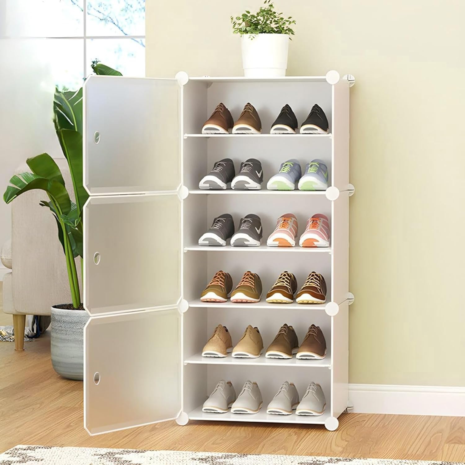 White Plastic Shoe Rack with Cover, Great for Entryway and Closet
