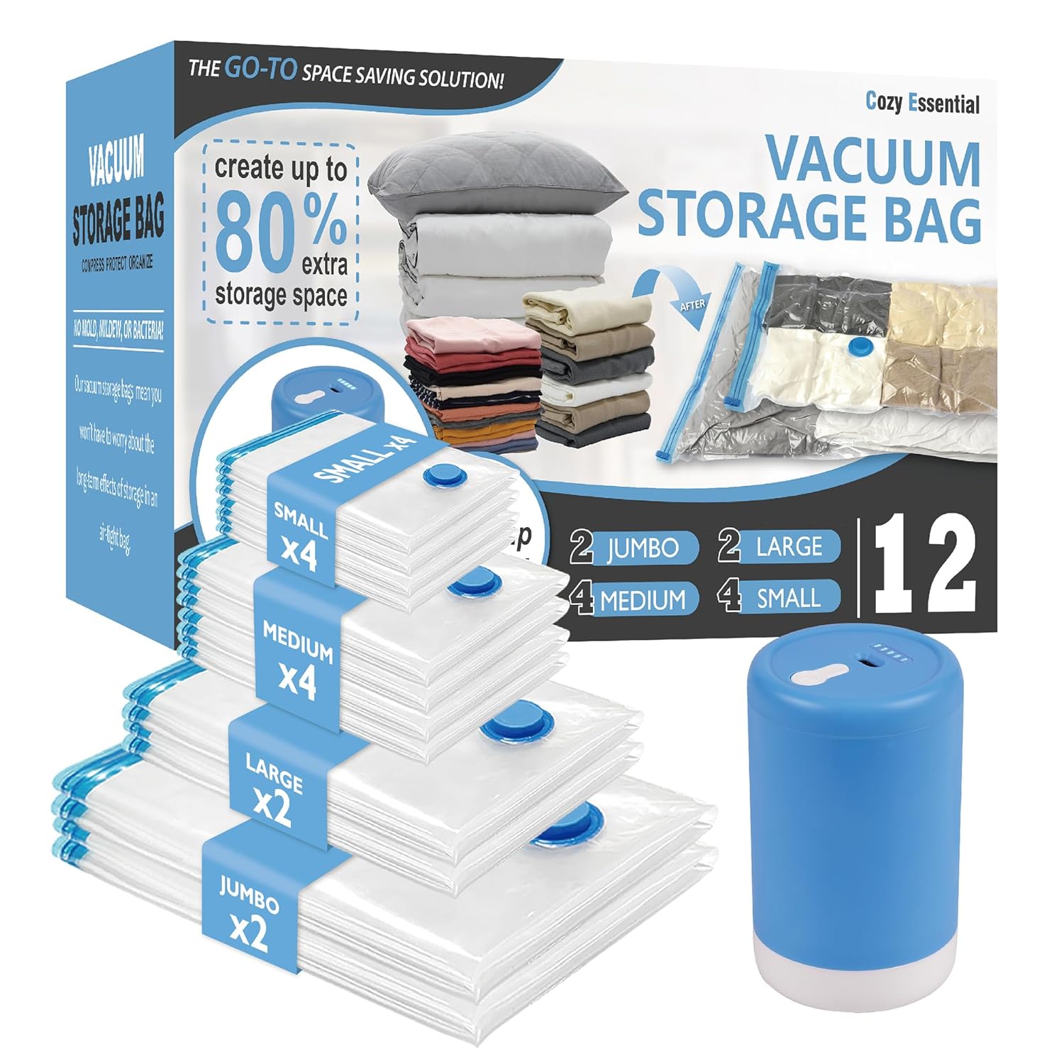 Electric Pump Vacuum Storage Bags, 12PC, Fast Compression