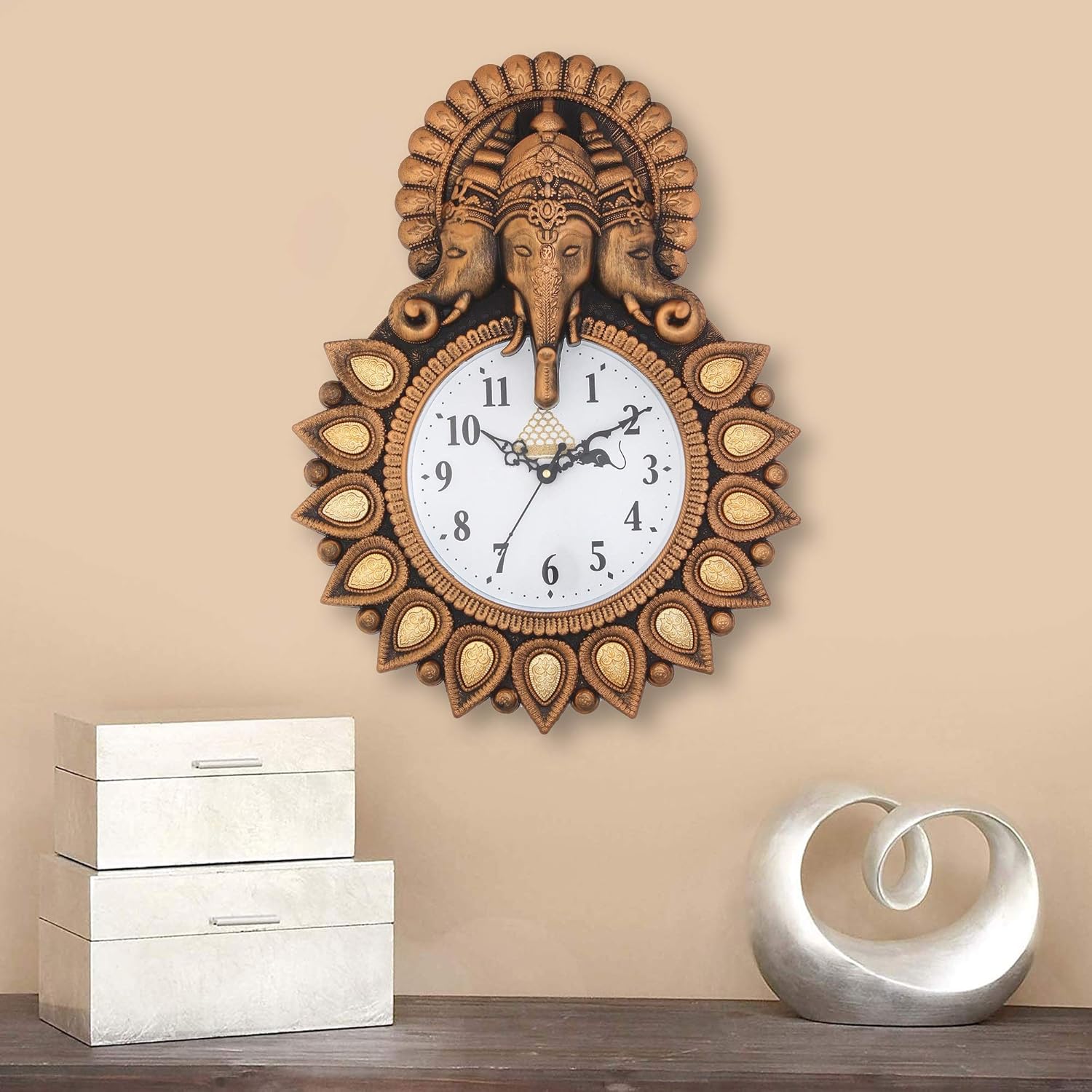 Ganesha Designer Wall Clock - 12 Inch, Copper Finish